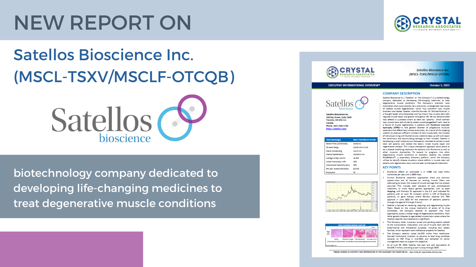 New Research on Satellos Bioscience Inc. (MSCL-TSXV/MSCLF-OTCQB)
